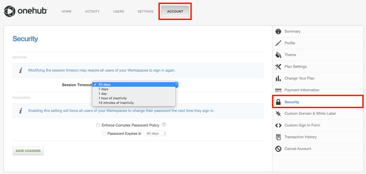 Session Management for Account Administrators – Onehub | Support Center